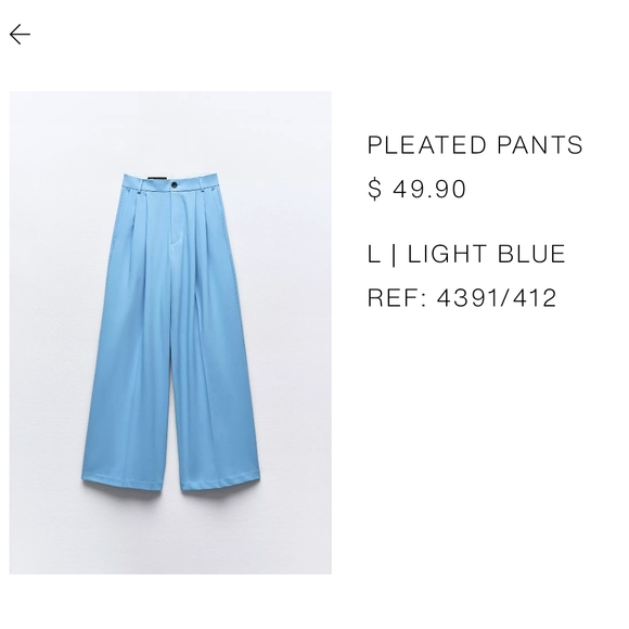 Zara | Pants & Jumpsuits | Zara Light Blue Wide Leg Pleated Pants ...